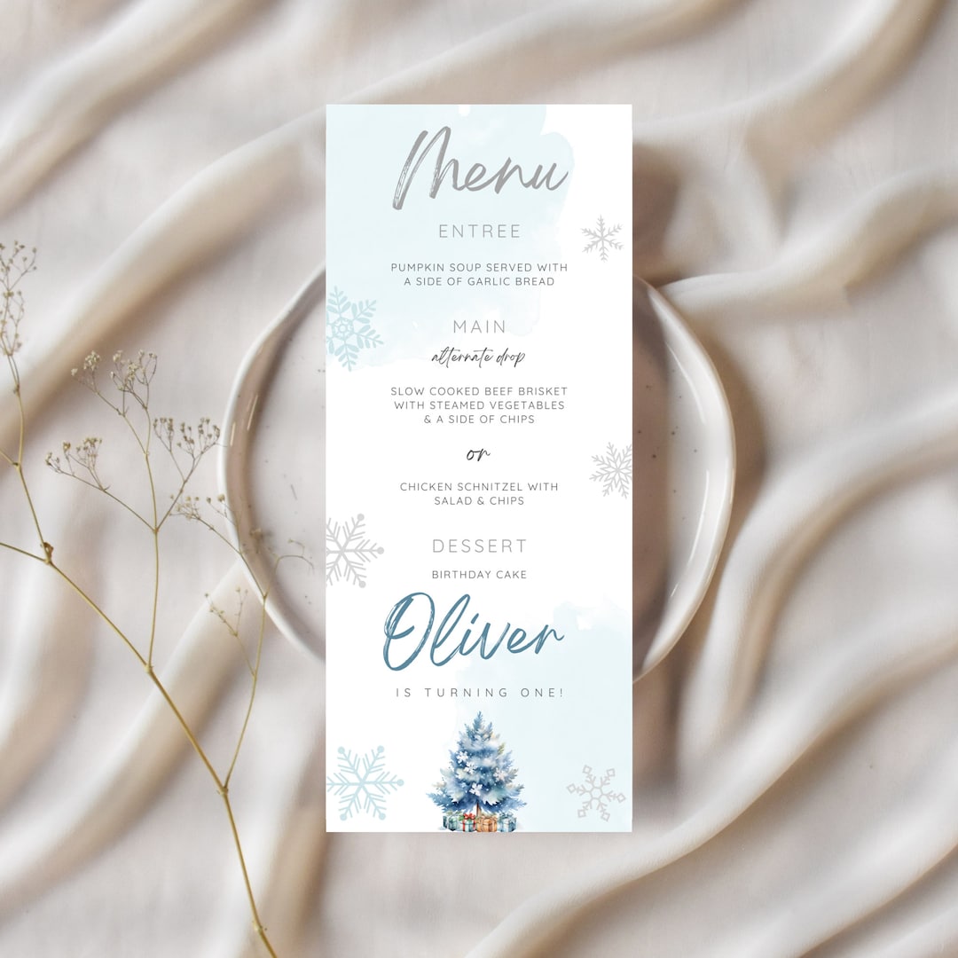 Winter Onederland Menu Editable Template, Blue Grey Boy Snowflake Party ...