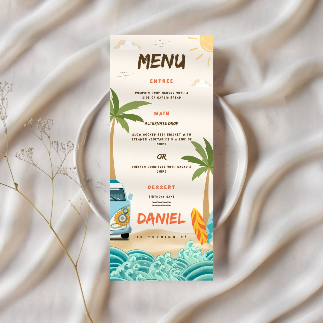 Surf Menu Editable Template, Editable Blue the Big One Beach Surf ...