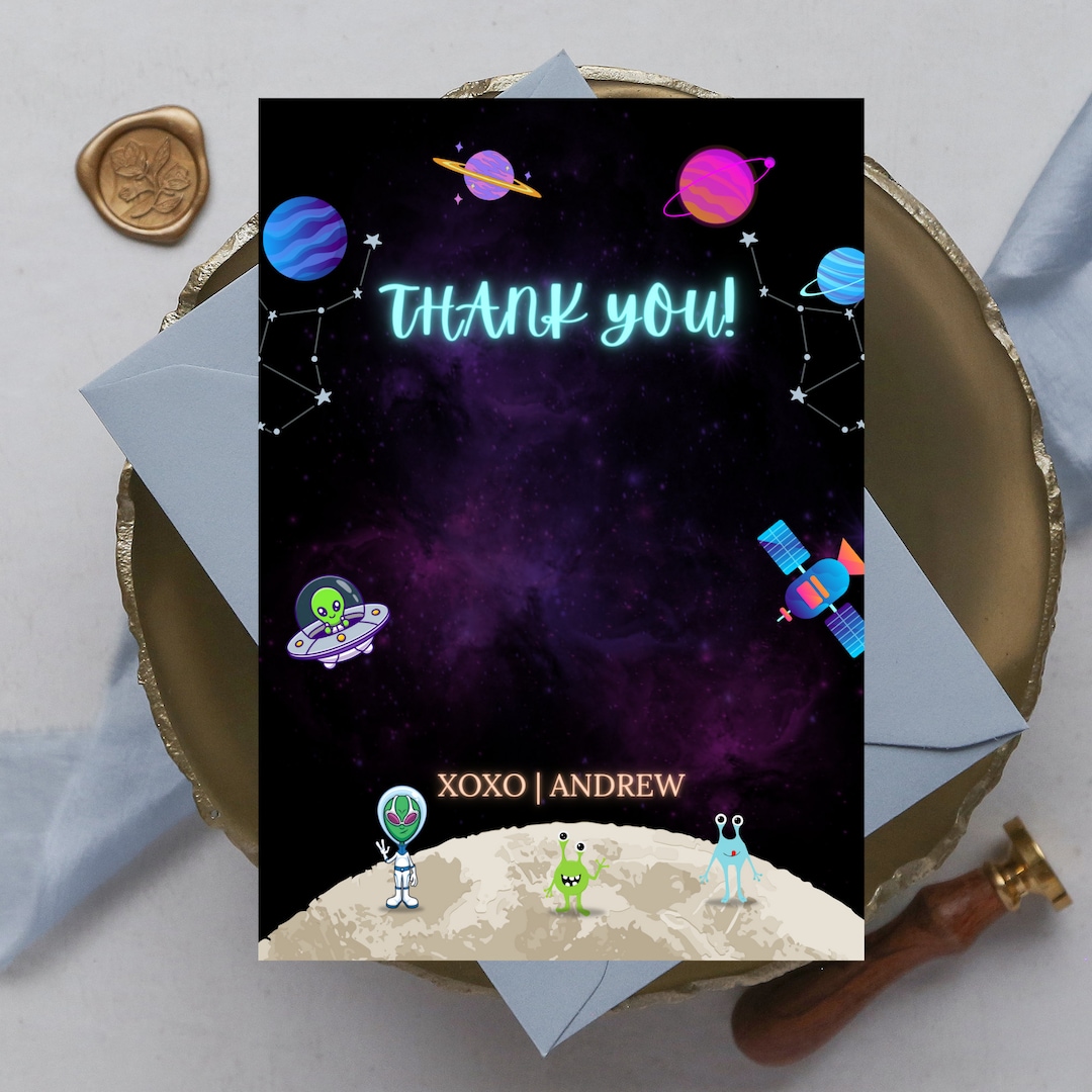 Space Thank You Card, Two the Moon Thank You Card, Space Birthday ...