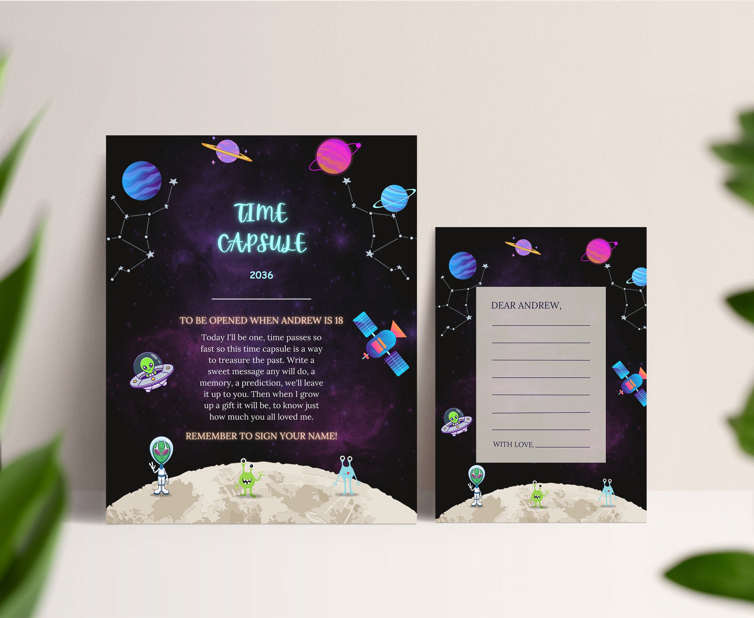 Two the Moon Space Time Capsule Sign and Card, Time Capsule Space Ship ...
