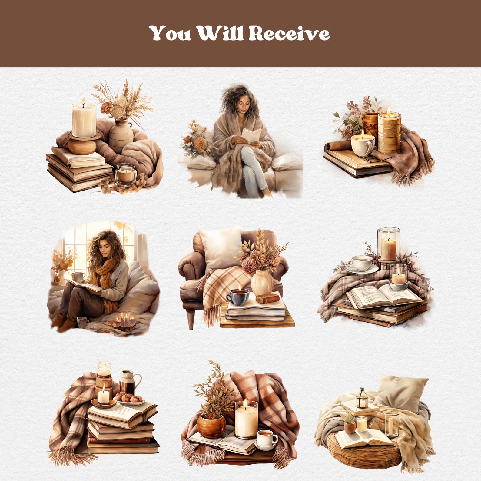 Watercolor Cozy Clipart Bundle, Bookish Cottagecore PNG, Fall Cottage ...