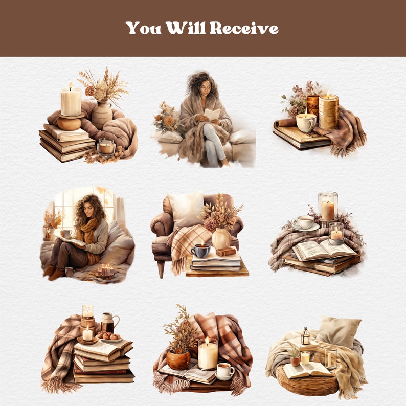 Watercolor Cozy Clipart Bundle, Bookish Cottagecore PNG, Fall Cottage ...