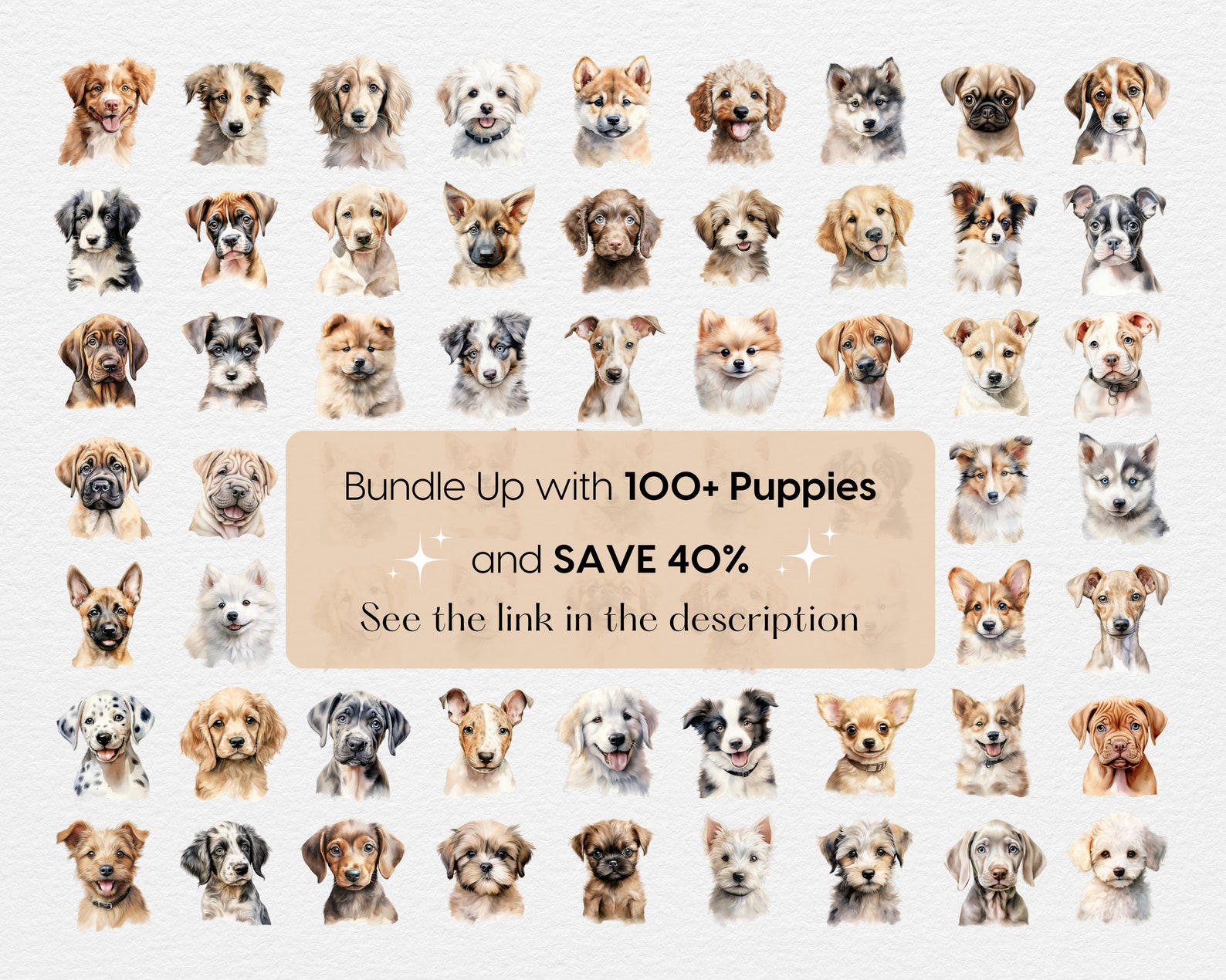 Dogs Clipart Bundle, 100 Dog Breeds, Pet Watercolor Portrait, Cute ...