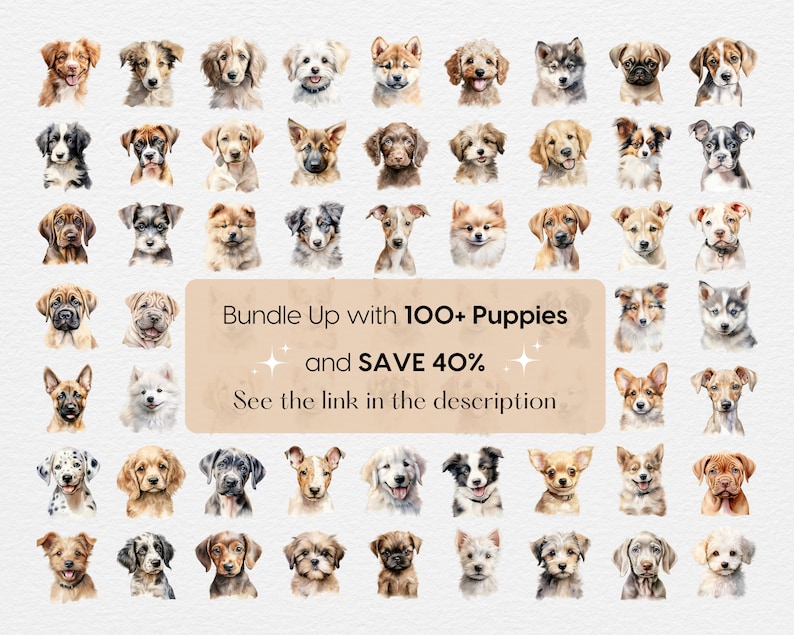 Dogs Clipart Bundle, 100 Dog Breeds, Pet Watercolor Portrait, Cute ...