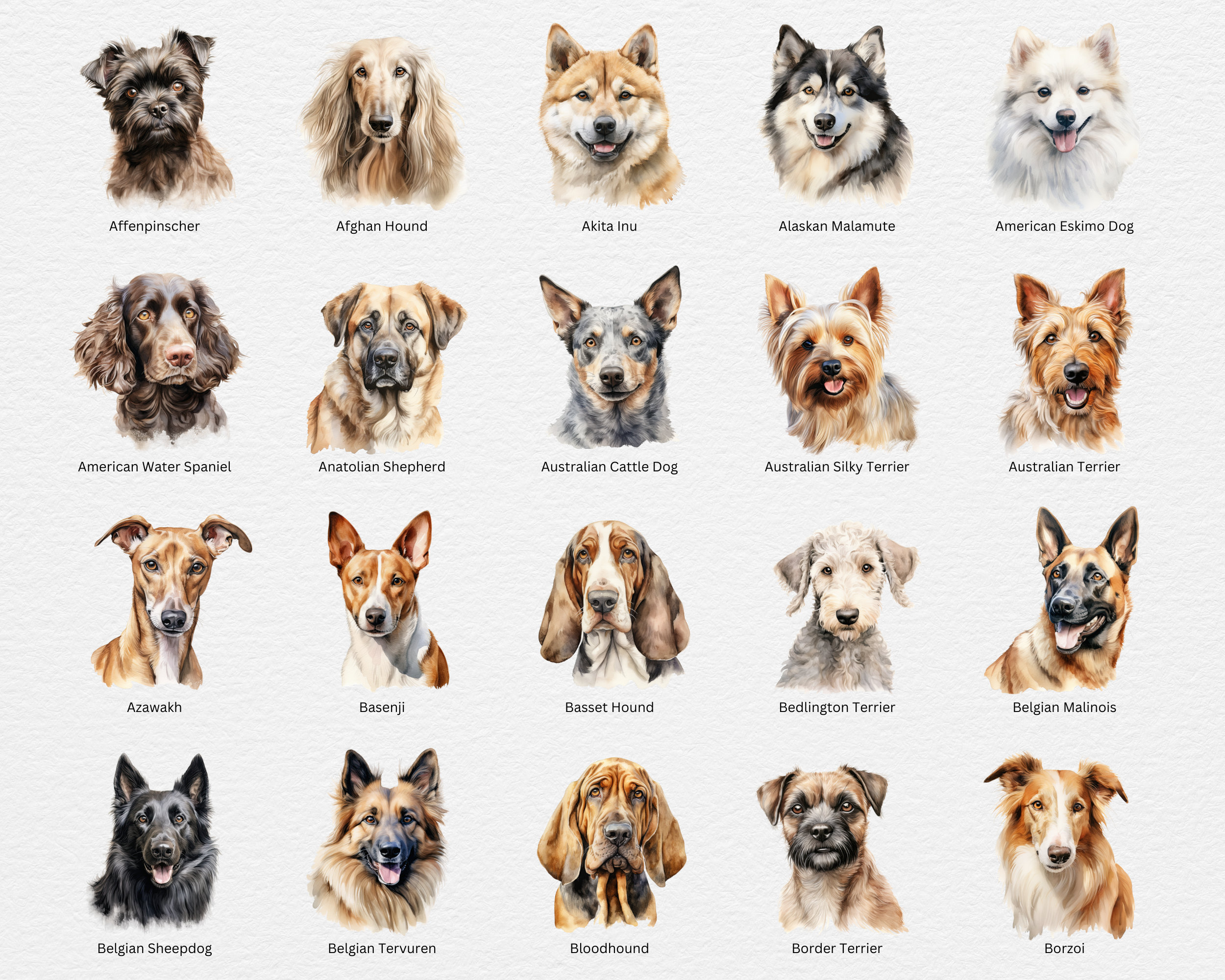 Dogs Clipart Bundle, 100 Dog Breeds, Pet Watercolor Portrait, Cute ...