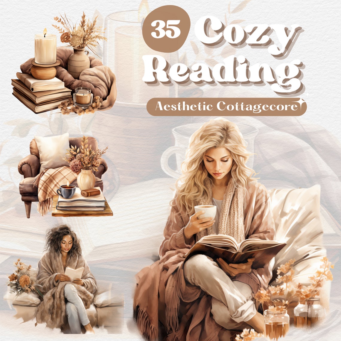 Watercolor Cozy Clipart Bundle, Bookish Cottagecore PNG, Fall Cottage ...