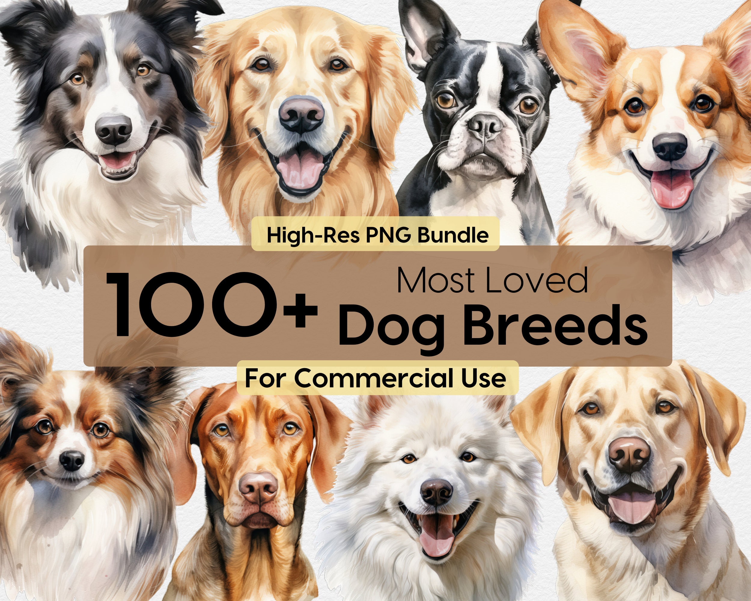 Dogs Cliparts Bundle, 100 Dog Breeds PNG, Cute Pet Watercolor, Lovely ...