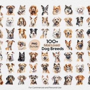 Dogs Clipart Bundle, 100 Dog Breeds, Pet Watercolor Portrait, Cute ...