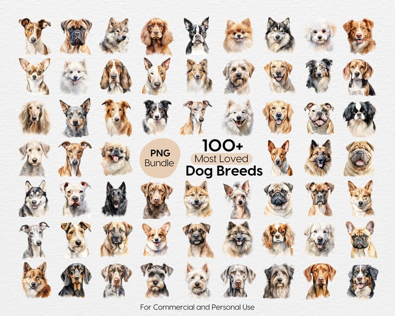 Dogs Clipart Bundle, 100 Dog Breeds, Pet Watercolor Portrait, Cute ...