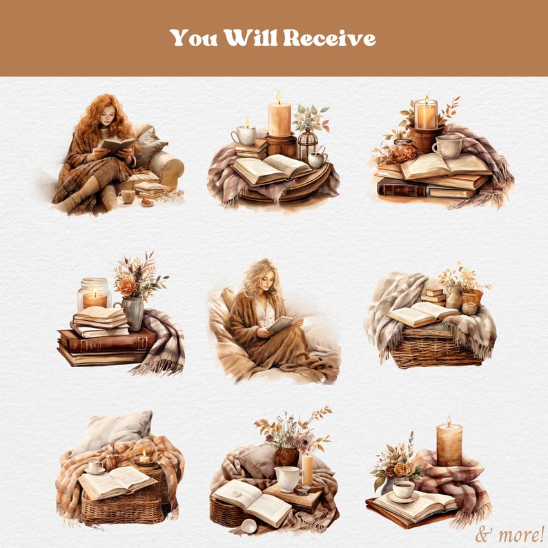Watercolor Cozy Clipart Bundle, Bookish Cottagecore PNG, Fall Cottage ...