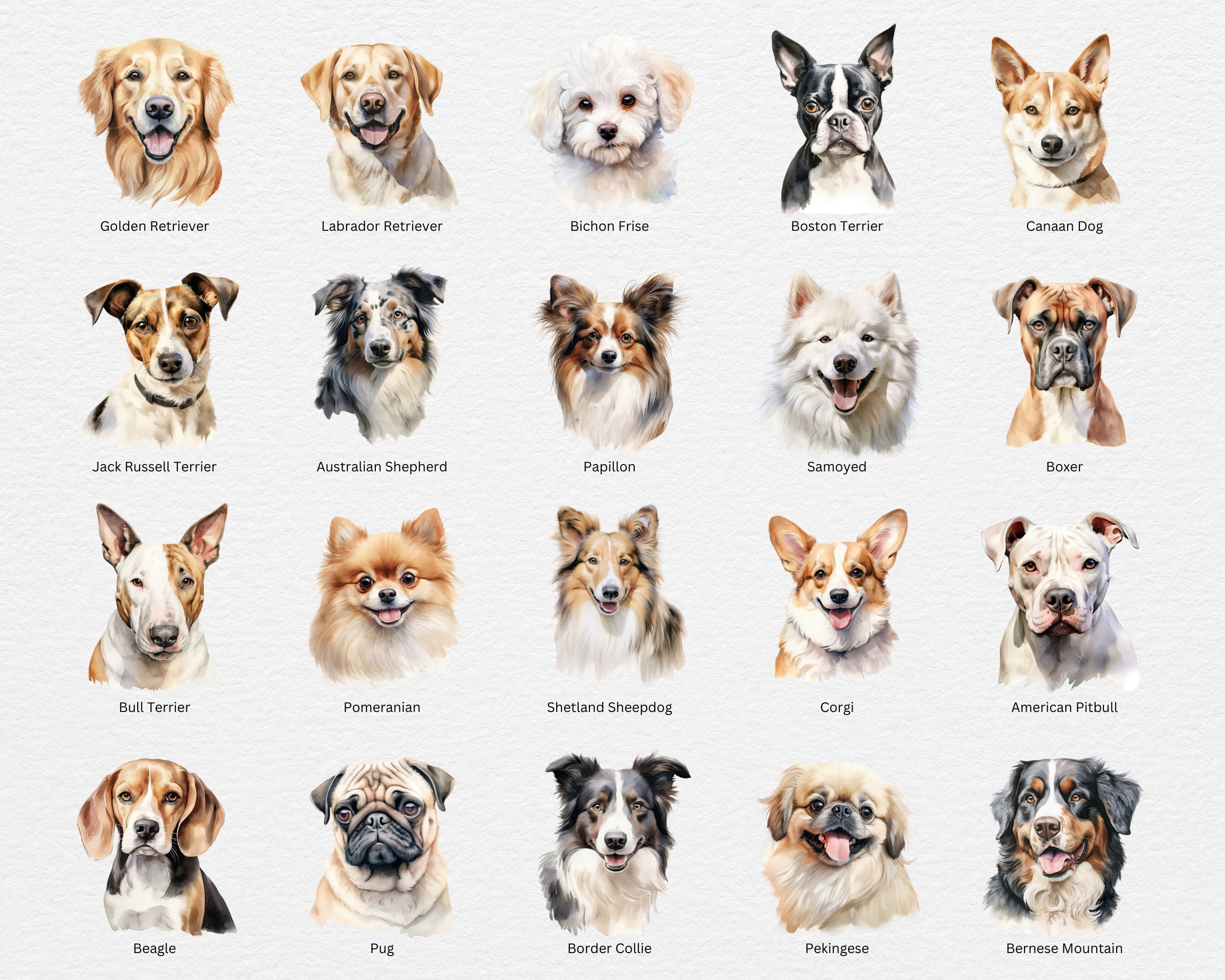 Dogs Clipart Bundle, 100 Dog Breeds, Pet Watercolor Portrait, Cute ...