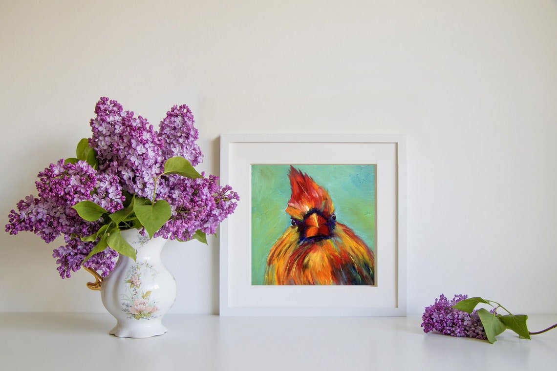 Pink Red Mottled Bird Tufted Titmouse Original Oil Painting by Alex ...