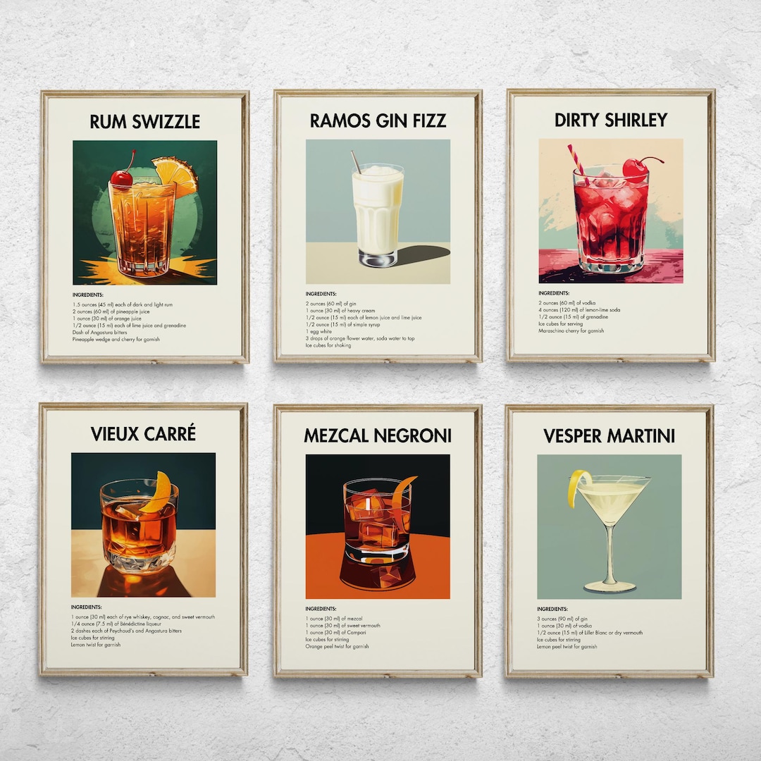 Cocktail Recipe Art Prints, Retro Bar Decor (set of 6) (digital ...