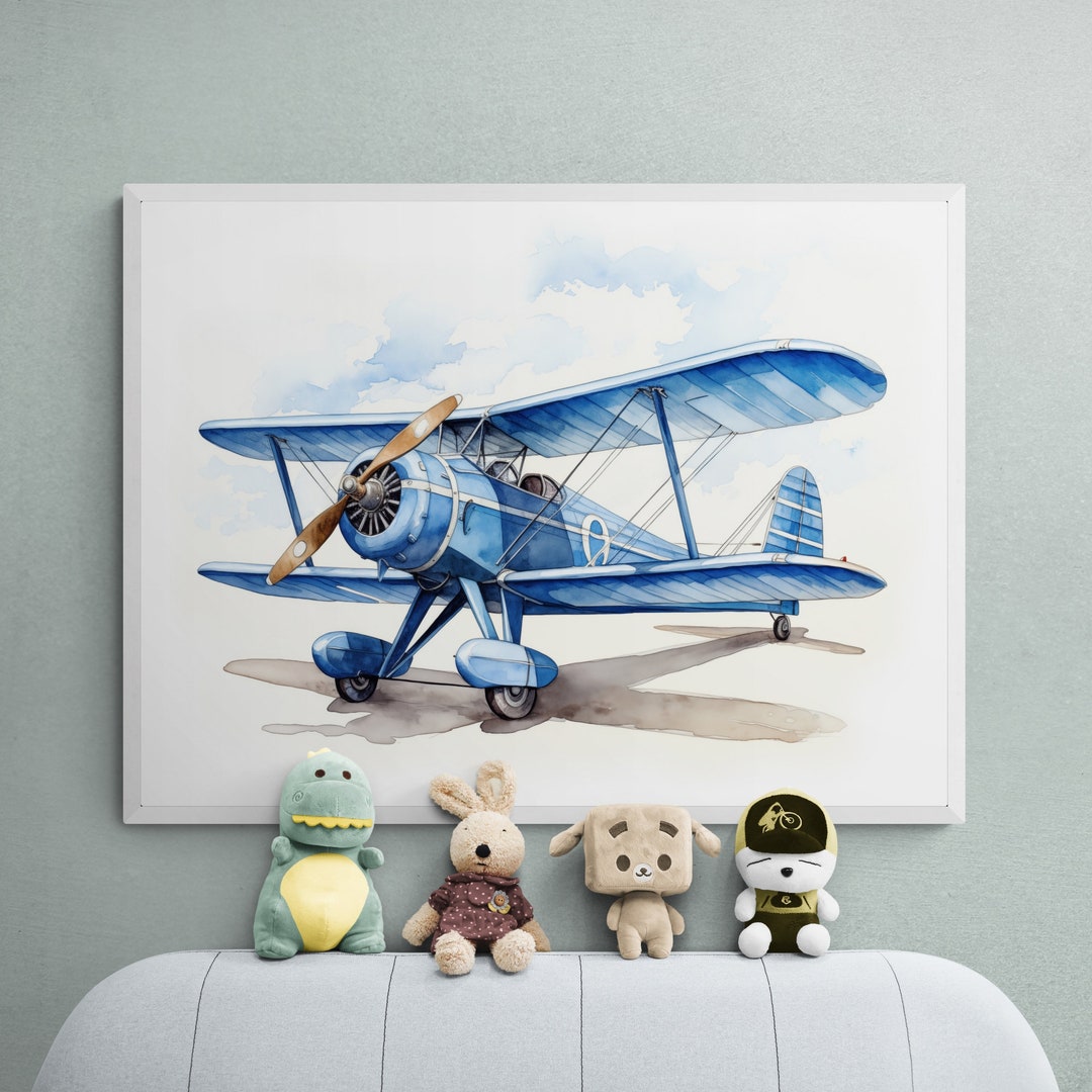 Blue Watercolor Plane, Printable Aircraft, Biplane Print, Retro Wall ...