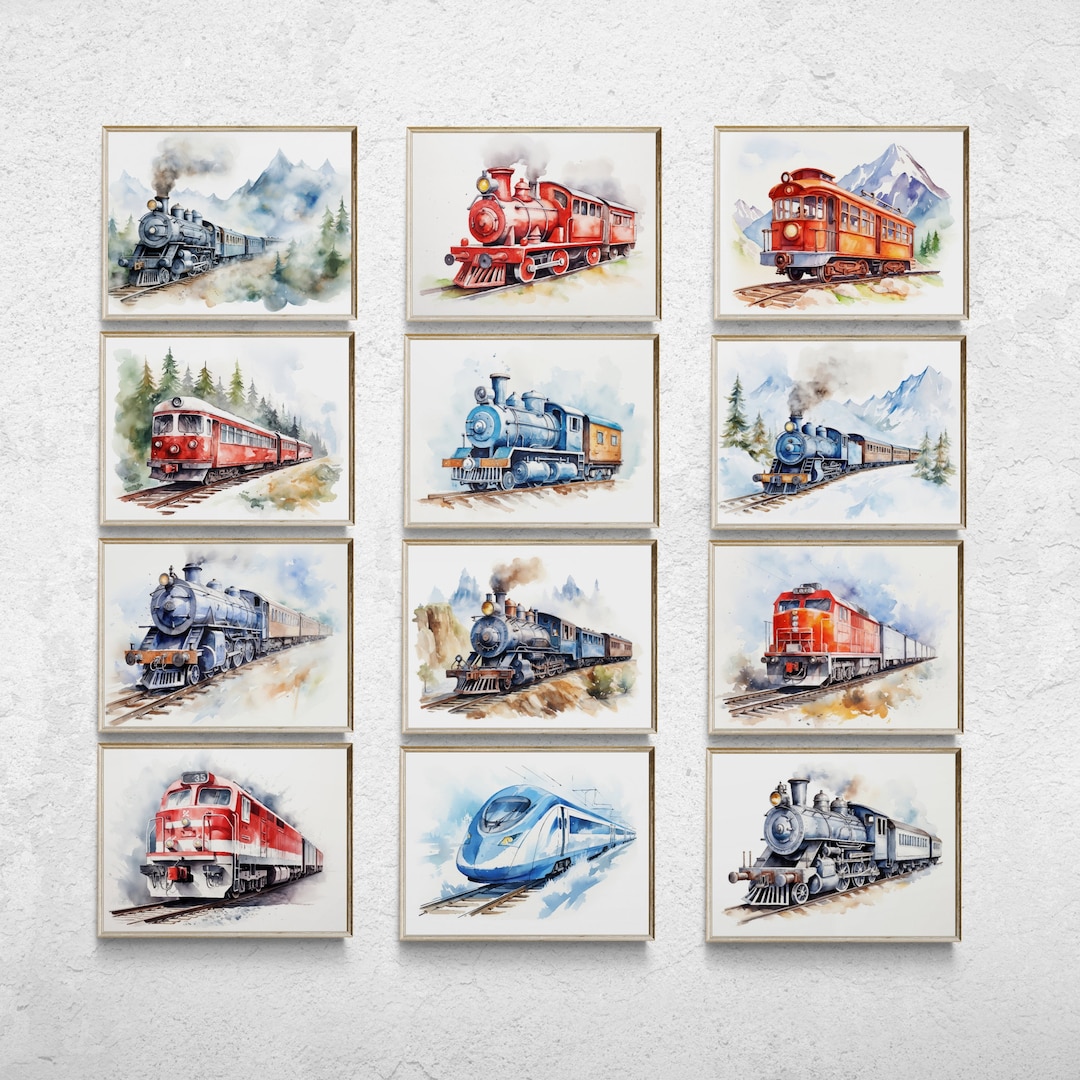 Set of 12 Train Prints, Gallery Wall Set, Boys Room Wall Art, Train ...