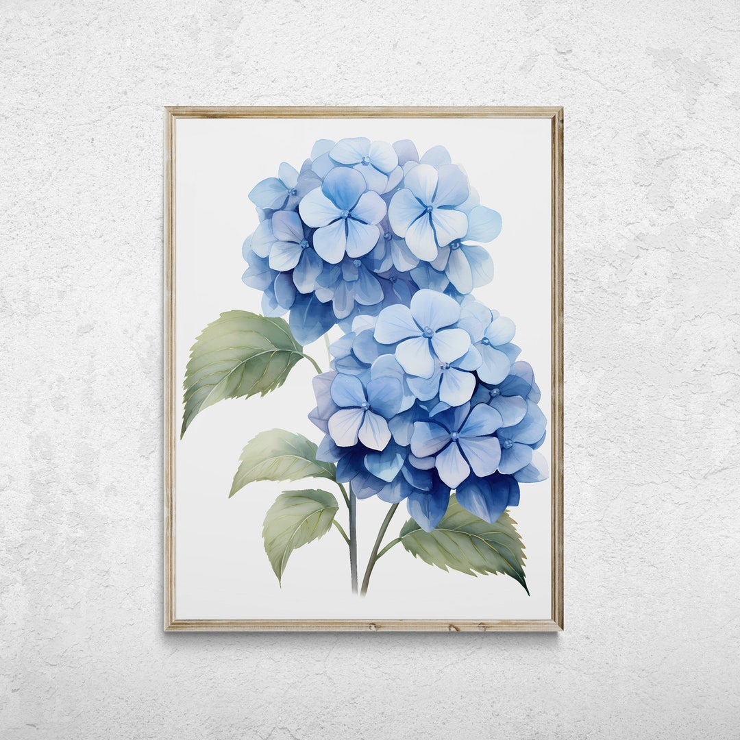 Blue Hydrangea Watercolor Print, Minimalist Floral Wall Art (digital ...