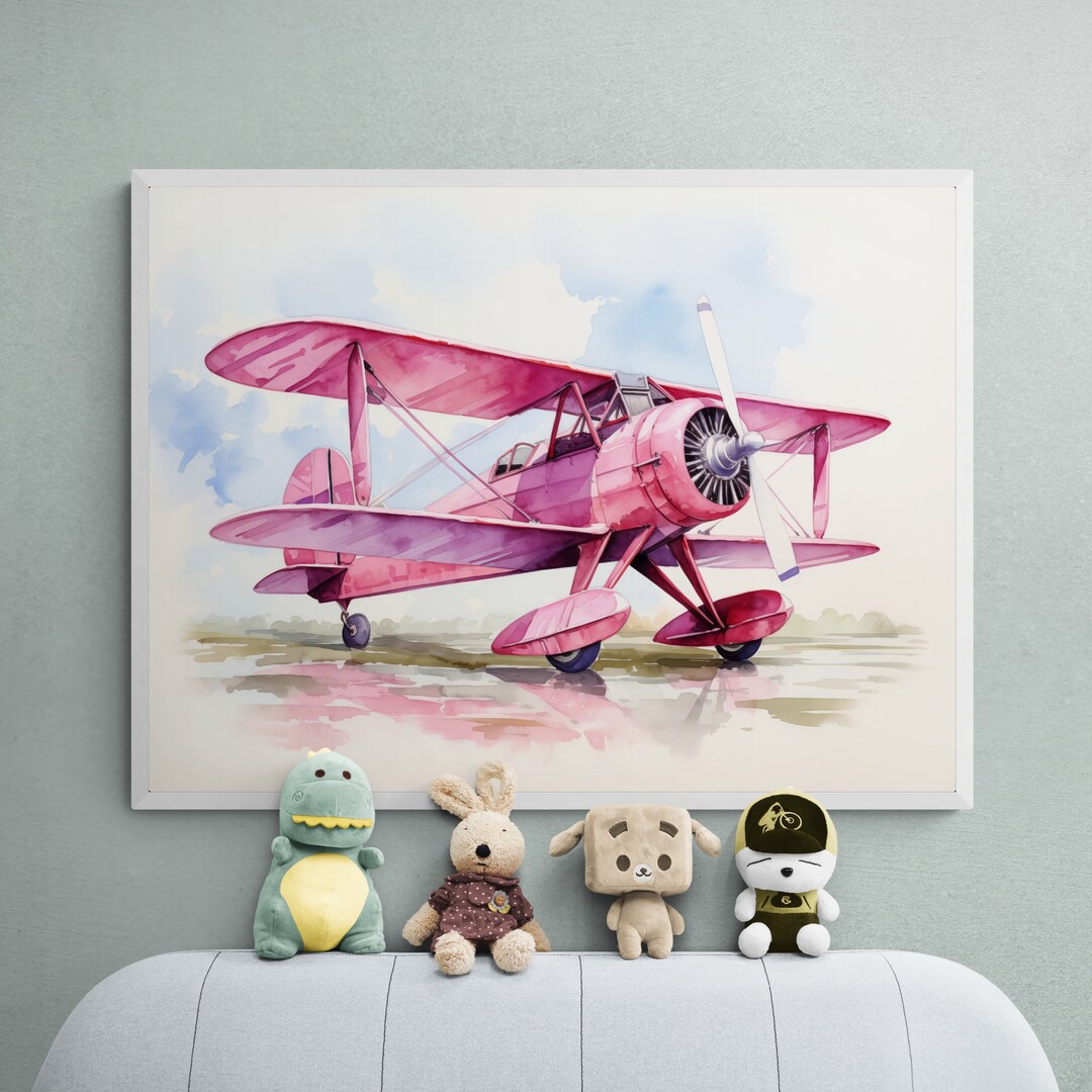 Pink Watercolor Biplane Print, Printable Aircraft, Plane Wall Art Retro ...