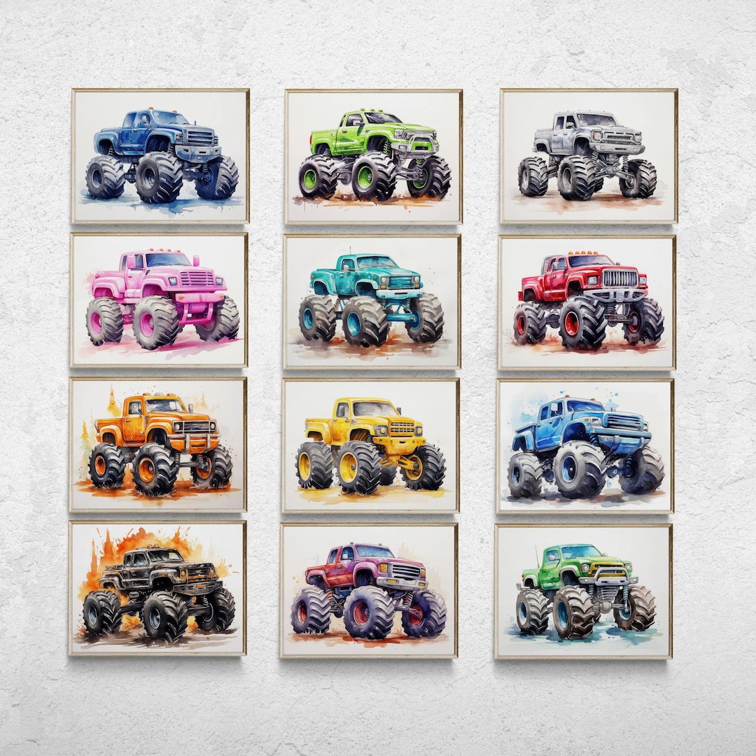 Watercolor Monster Truck Prints, Boys Room Decor (set of 12) (digital ...