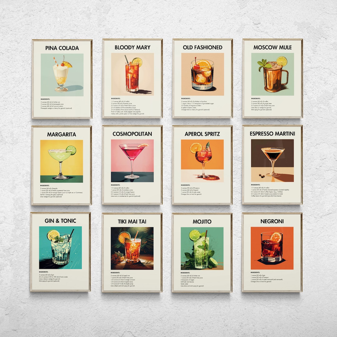 Set of 12 Cocktail Prints, Classic Cocktail Wall Art, Minimalist ...