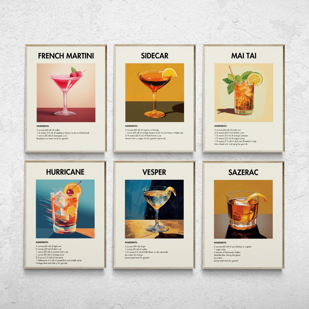 Set of 6, Minimalist Alcohol Prints, Classic Cocktail Prints, Bar Cart ...