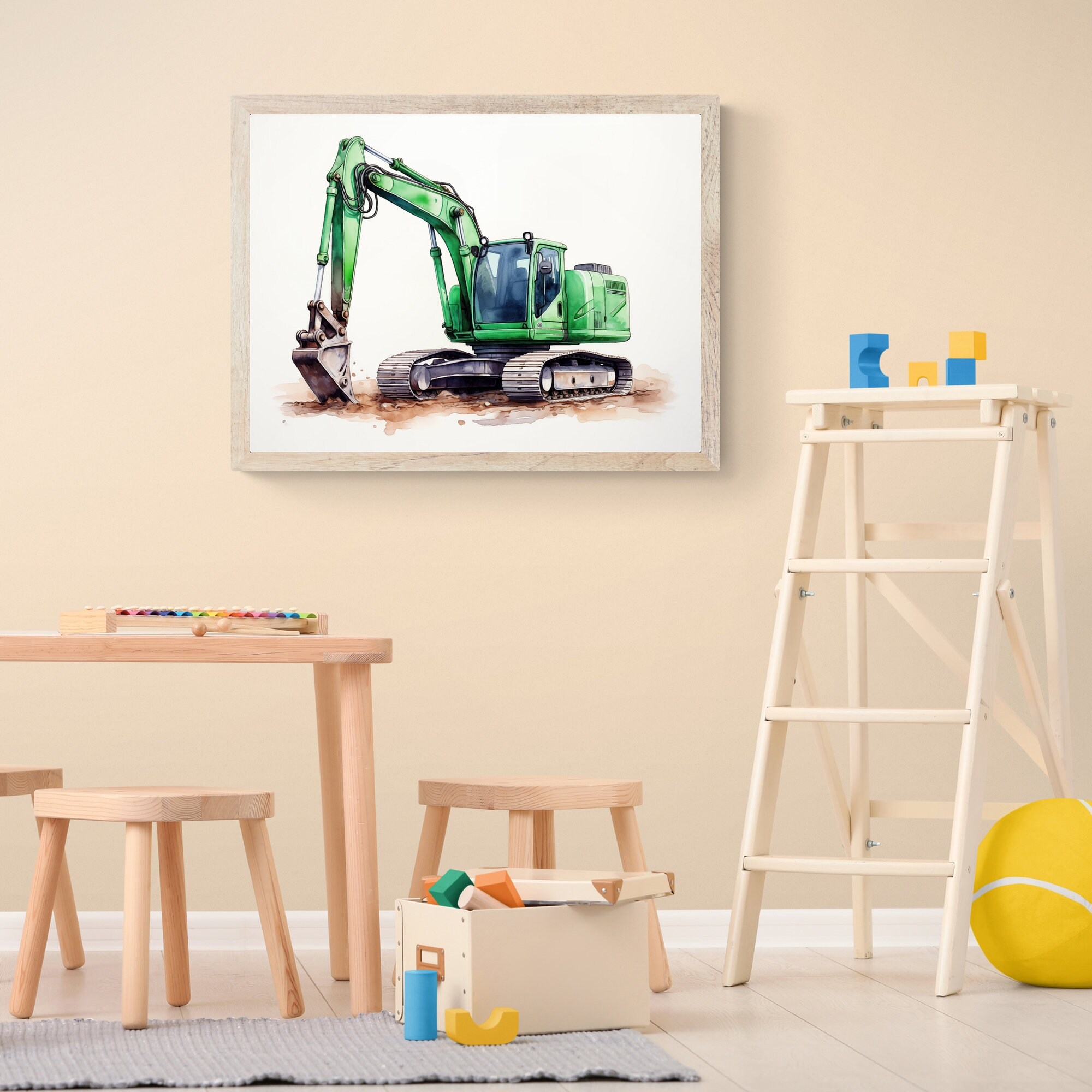 Watercolor Green Excavator Print, Toddler Boy Room Decor (digital ...