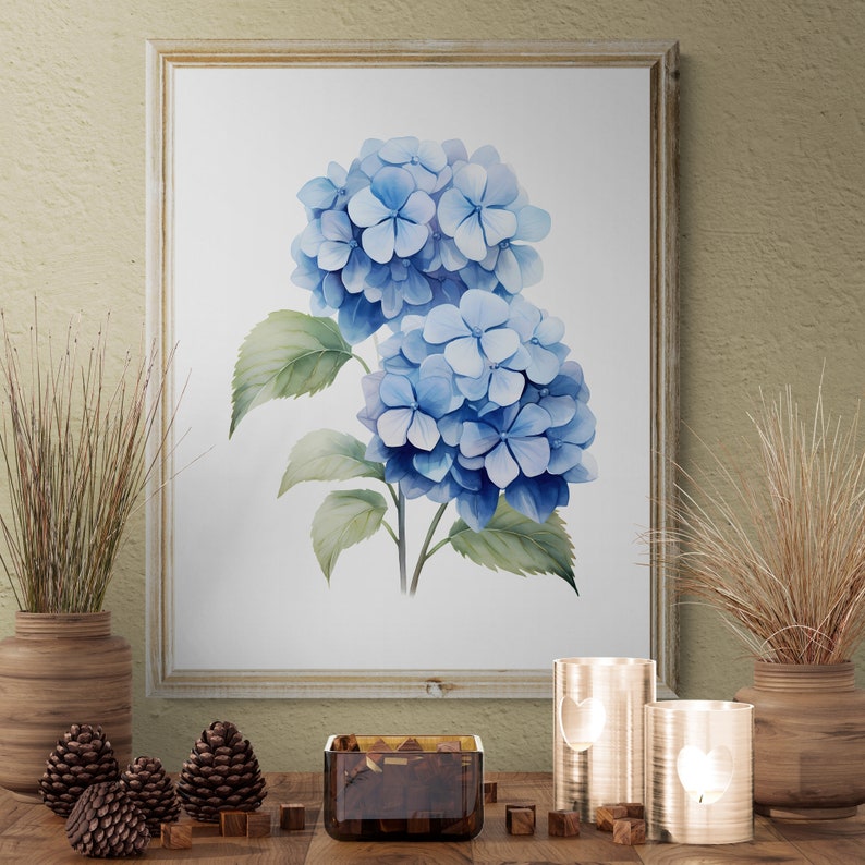 Blue Hydrangea Watercolor Print, Minimalist Floral Wall Art (digital ...