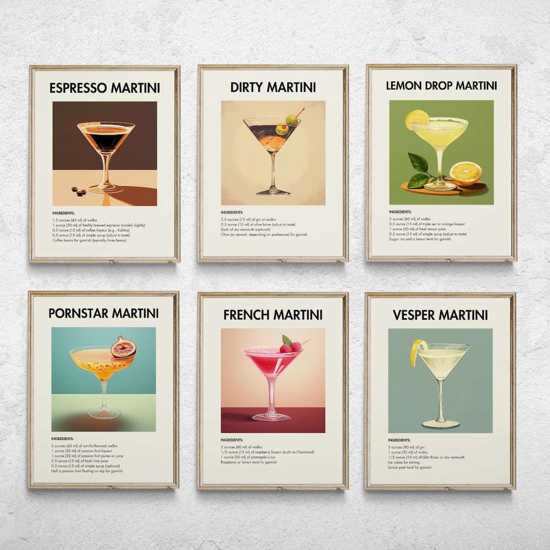 Set of 6 Martini Prints, Printable Cocktail Posters, Martini Cocktail ...