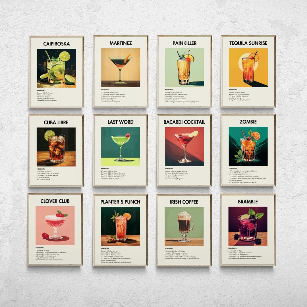 Cocktail Recipe Art Prints, Minimalist Bar Cart Decor (digital Download ...