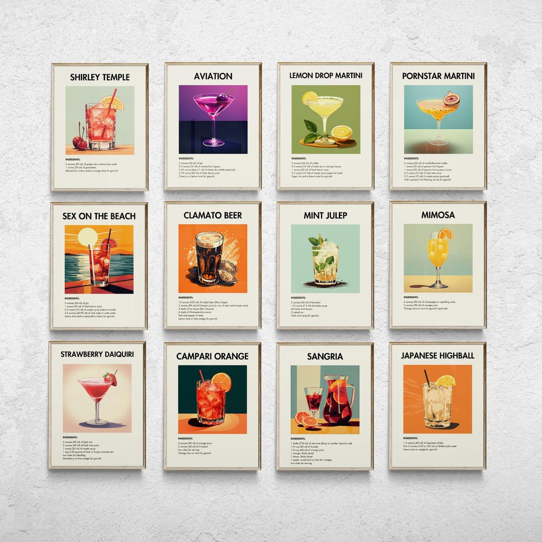 Retro Cocktail Art Prints, Bar Cart Decor (set of 12) (digital Download ...