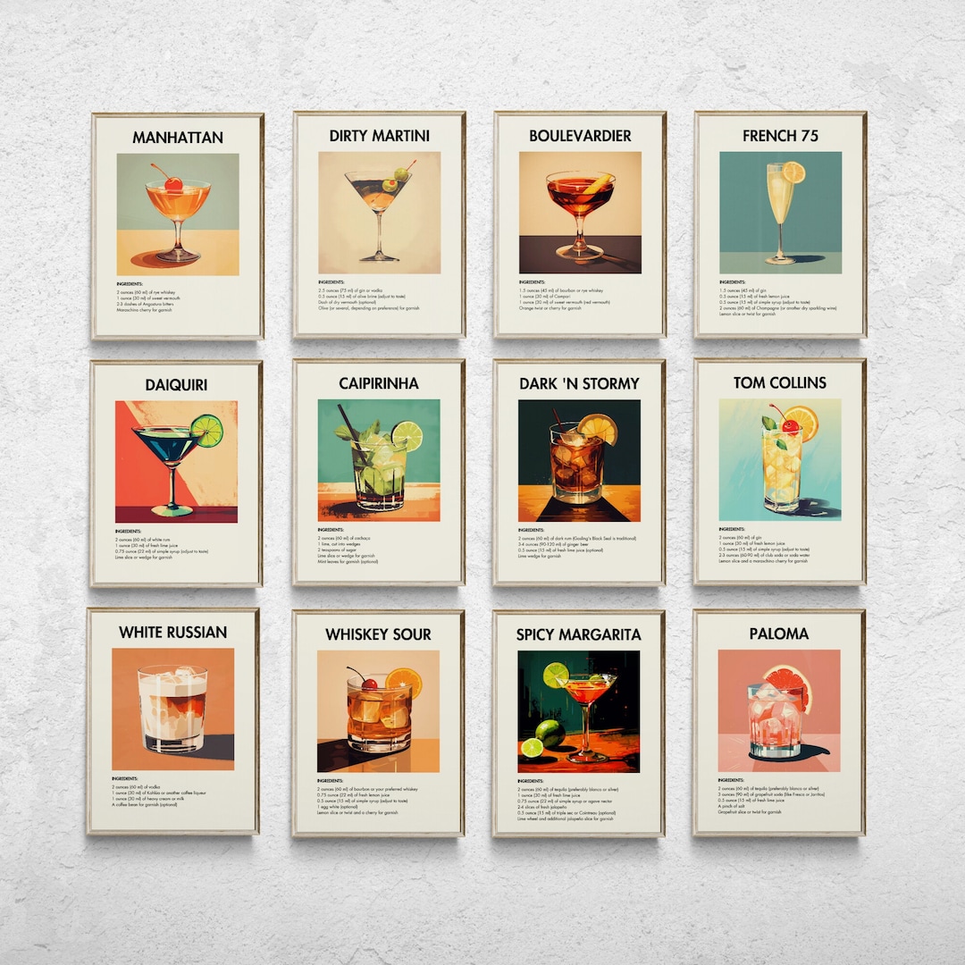 Retro Cocktail Prints Set of 12, Classic Cocktail Wall Art, Minimalist ...