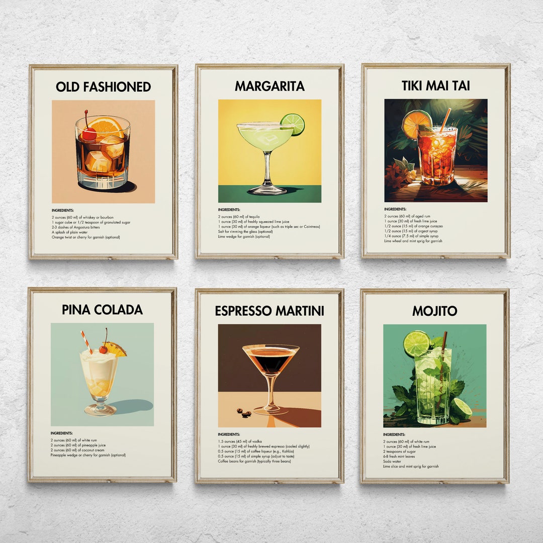Set of 6 Cocktail Prints, Classic Cocktail Wall Art, Minimalist Alcohol ...