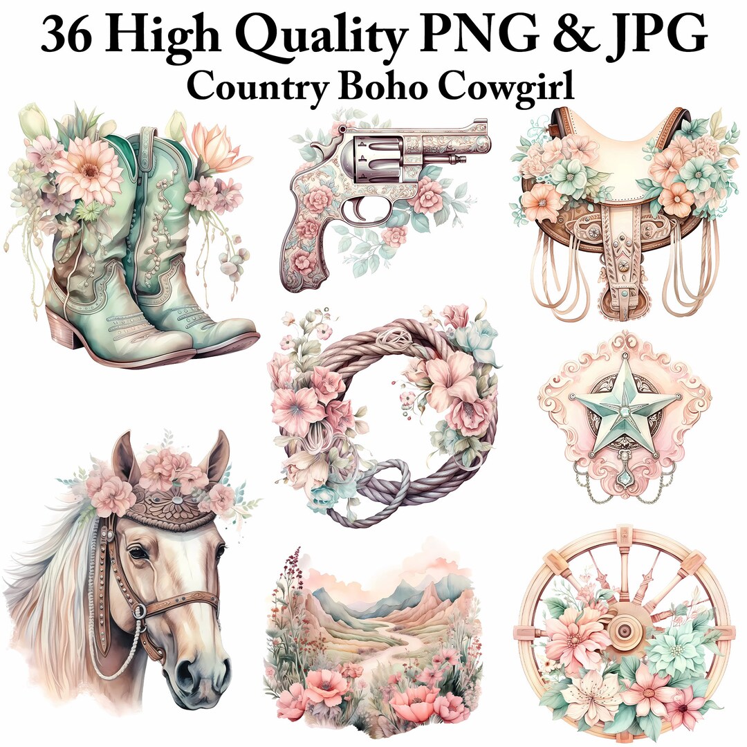 36 Country Boho Cowgirl Clipart Bundle: Watercolor Floral Western PNG ...