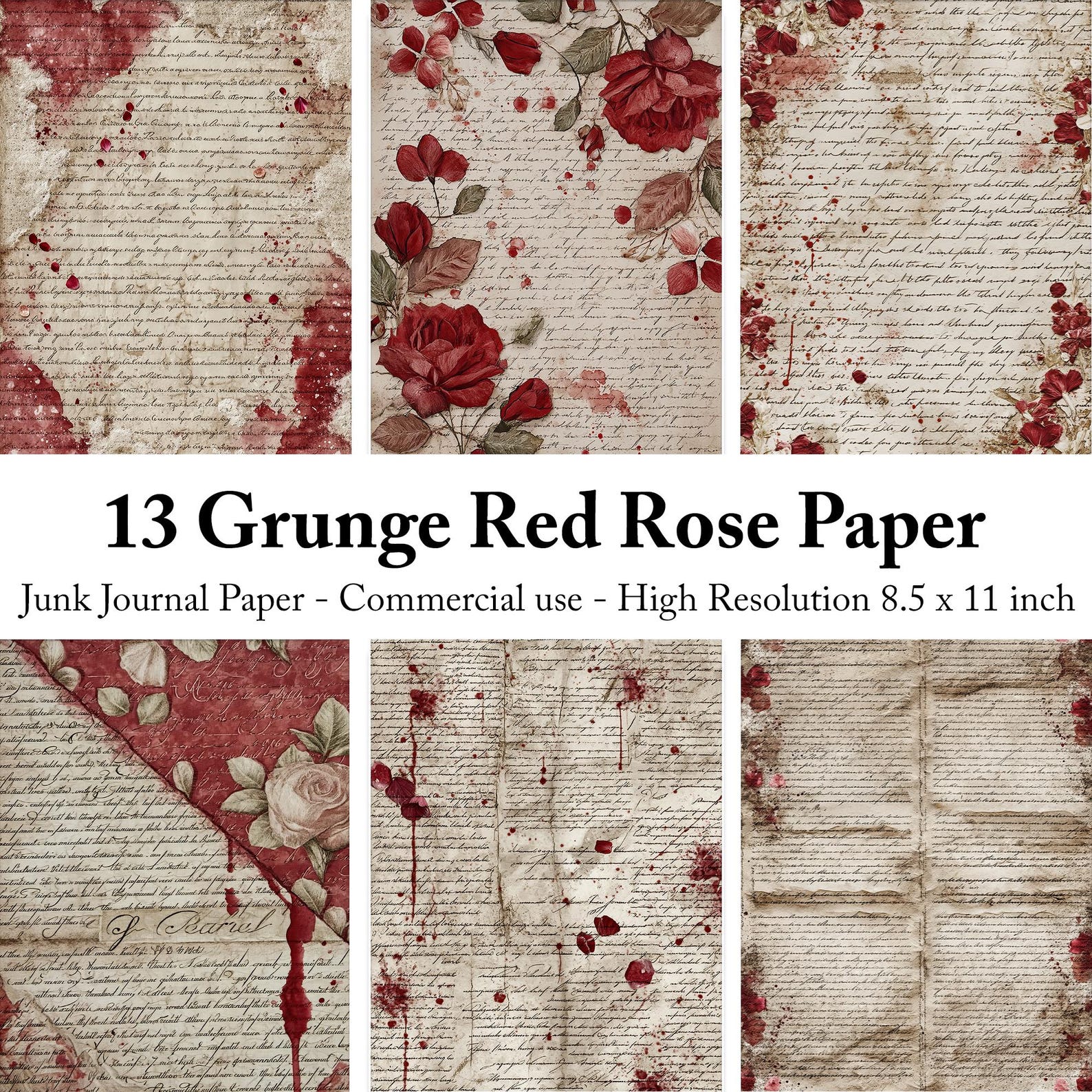 Vintage Red Rose Junk Journal Pages: Dark Academia Ephemera (digital ...