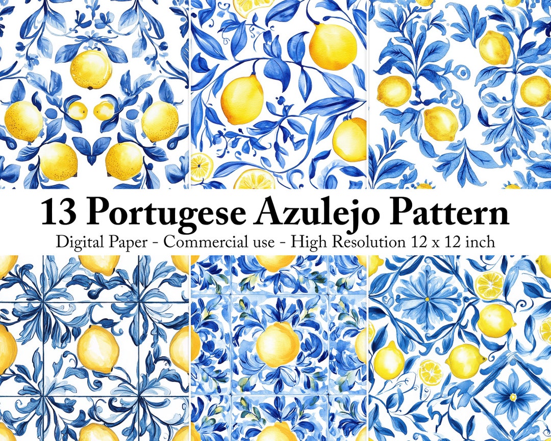 Blue Azulejo Lemon Tile Digital Paper: Mediterranean Watercolor ...