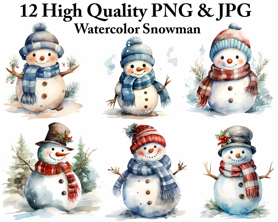 Watercolor Snowman Clipart: 12 PNG & JPG Winter Designs (digital ...