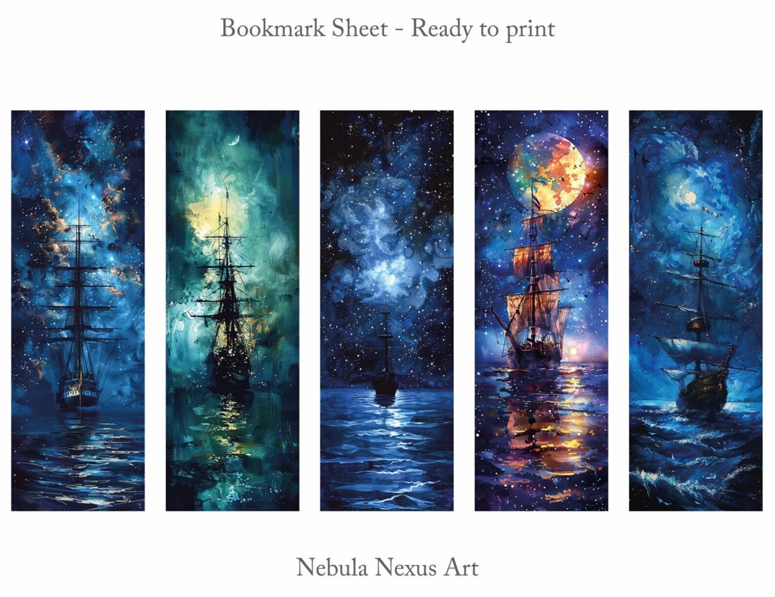 Celestial Nautical Adventure Bookmarks 12 Printable Ship & Moon Night ...