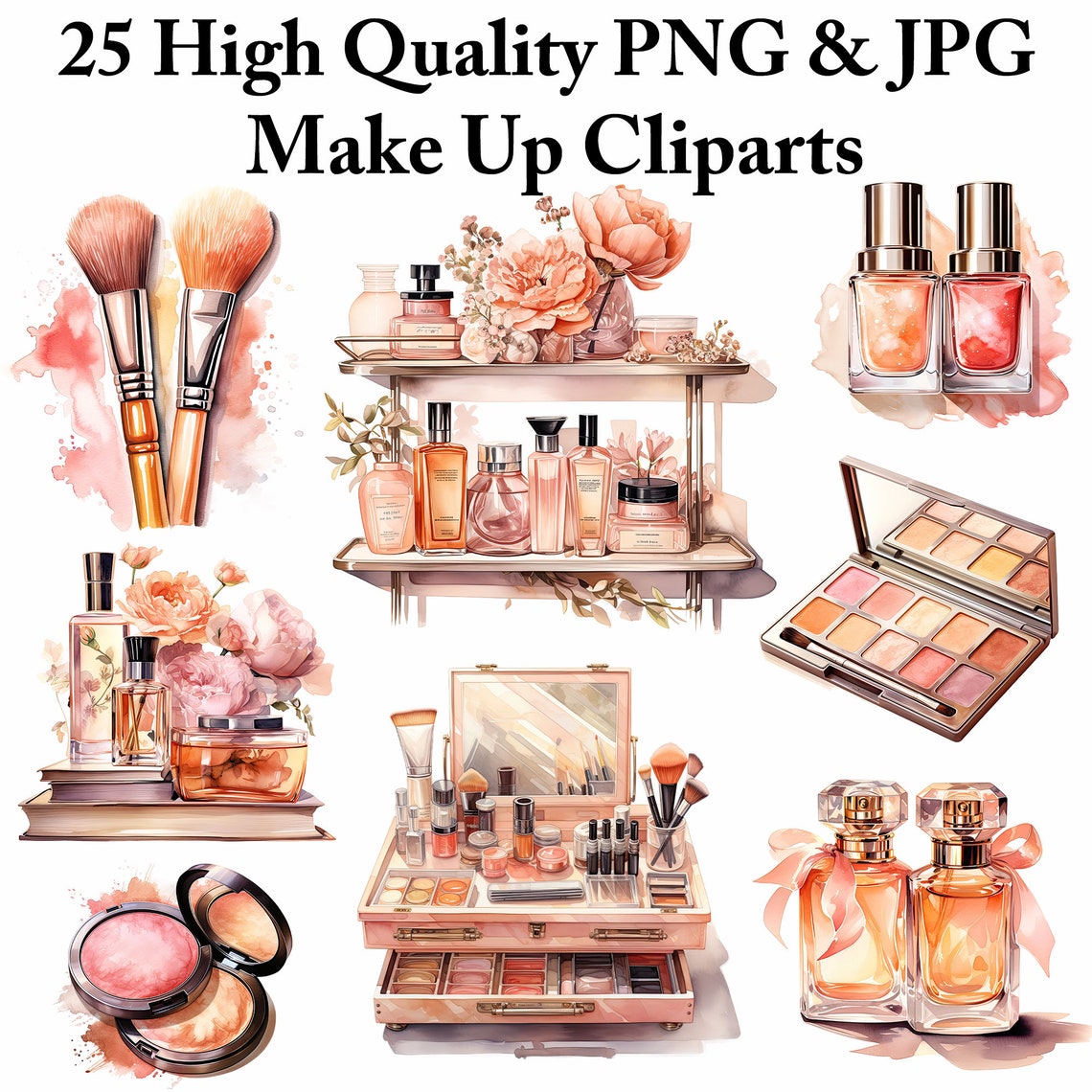 Beauty Clipart Bundle 25 Watercolor Cosmetic and Makeup Cliparts, PNG ...