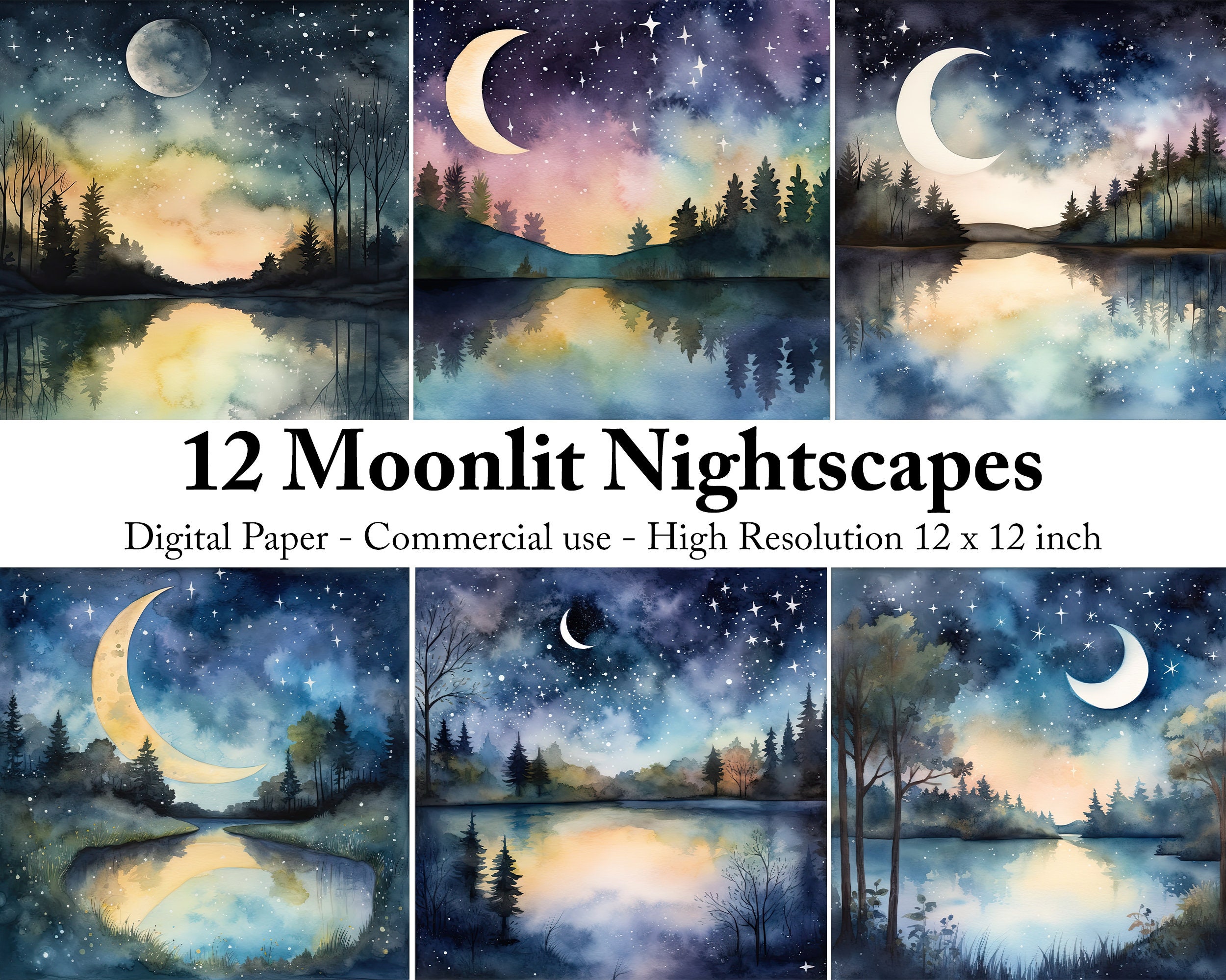 Moonlit Nightscapes Digital Paper: Watercolor Forest Backgrounds ...