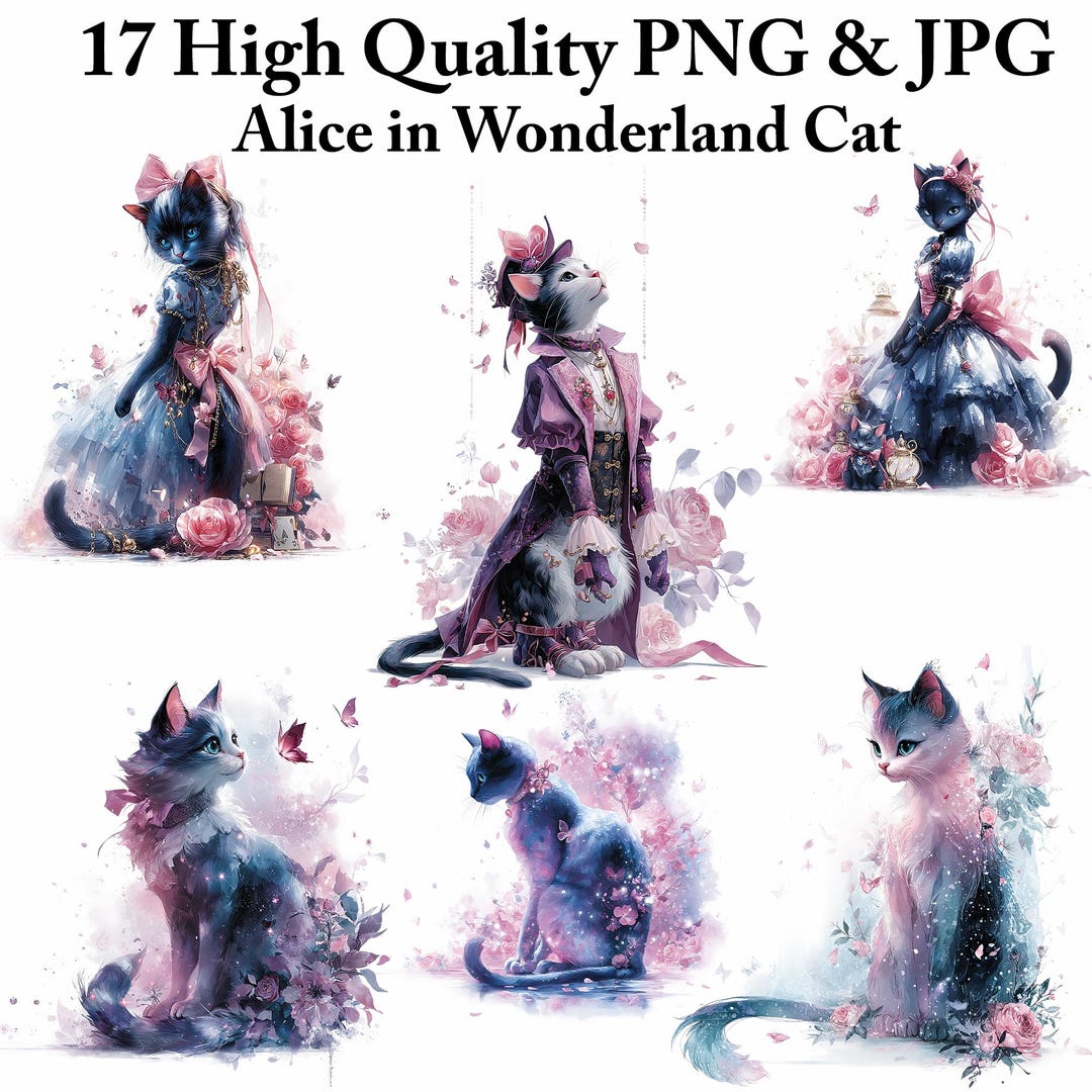 Whimsical Cat Clipart Bundle – Watercolor Alice in Wonderland Cats ...