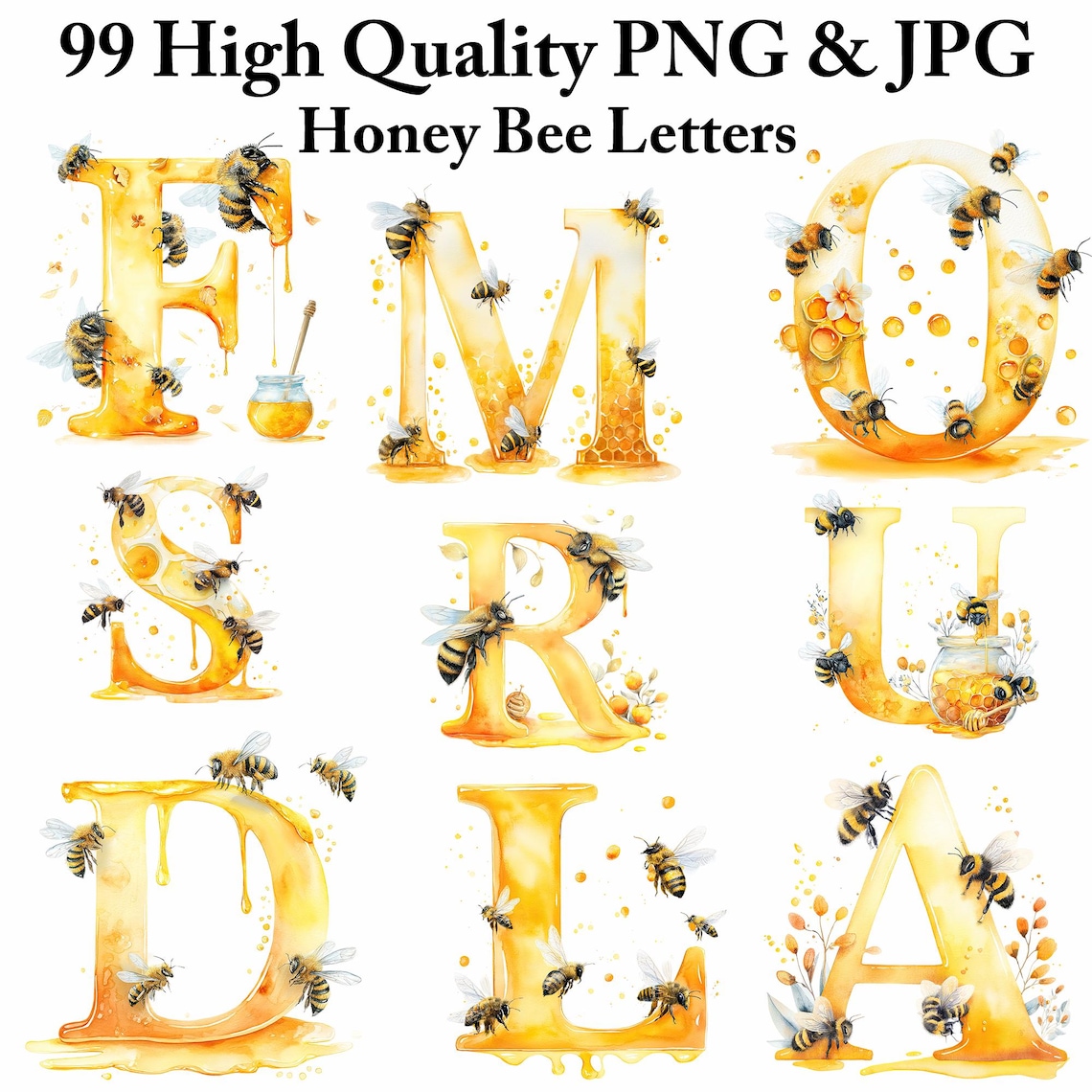 Honey Bee Alphabet Clipart: Watercolor Honeycomb Letters (PNG & JPG ...