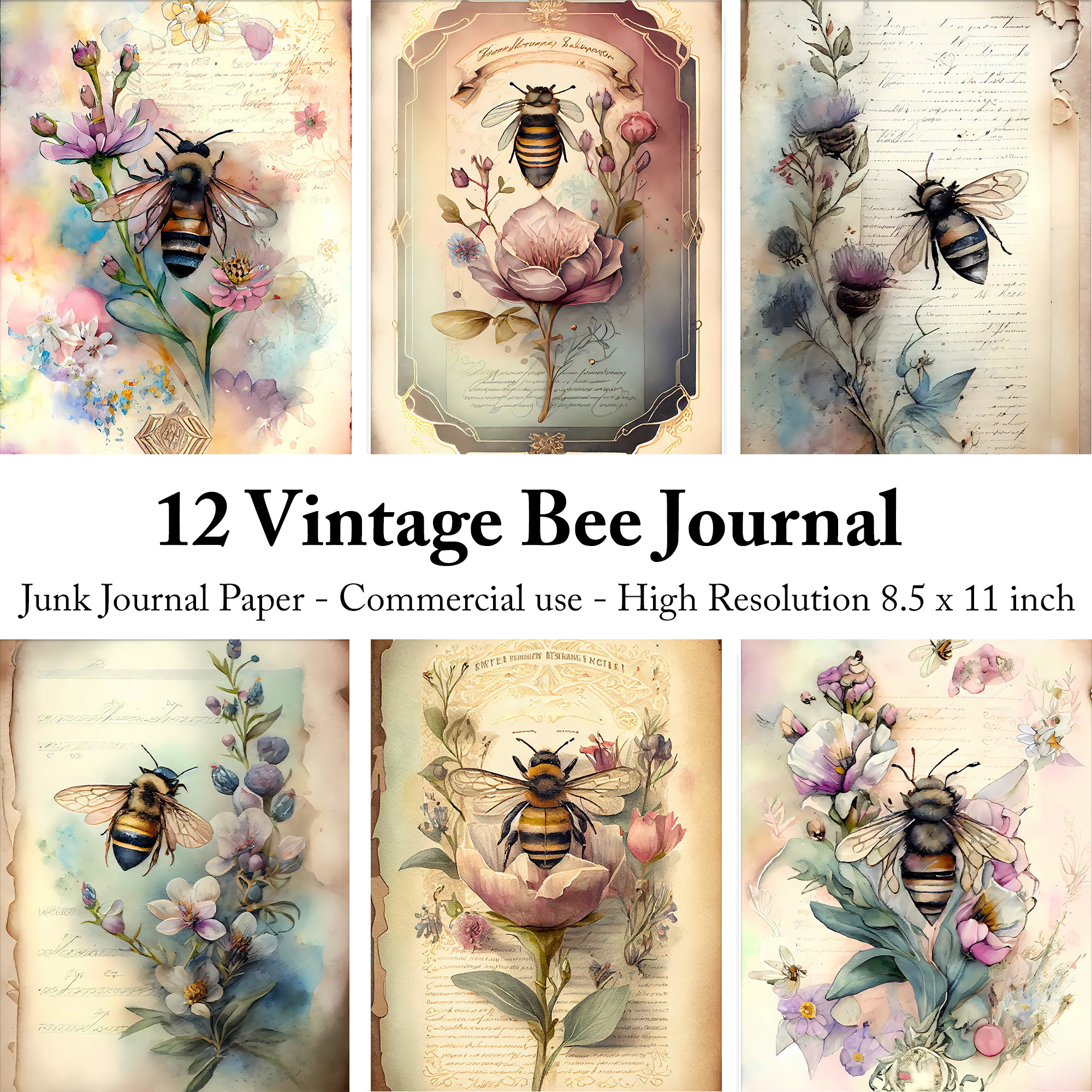 Bee Junk Journal Pages, Vintage Enchanted Bee Flowers Collage Sheets ...