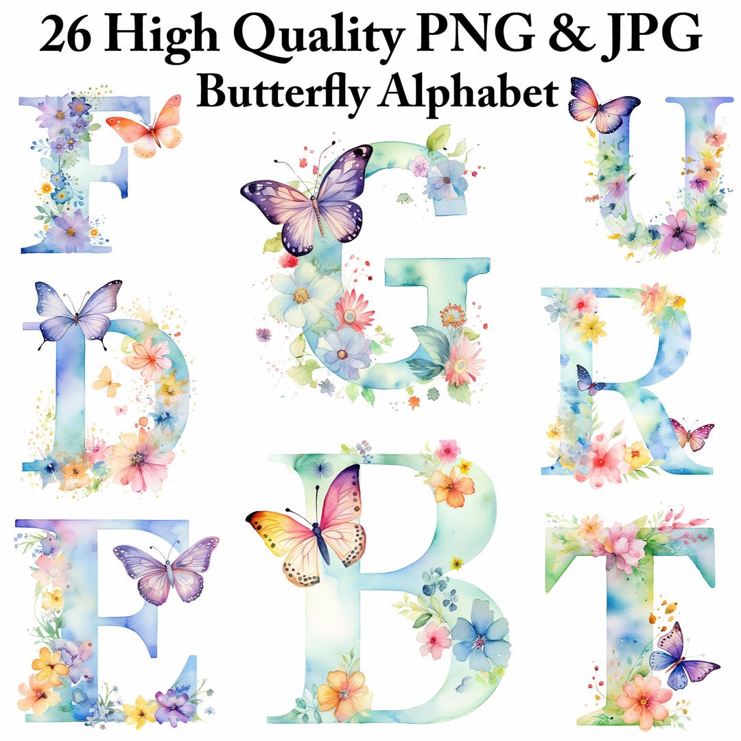 Pastel Butterfly Alphabet Clipart - Watercolor Floral Letters for ...