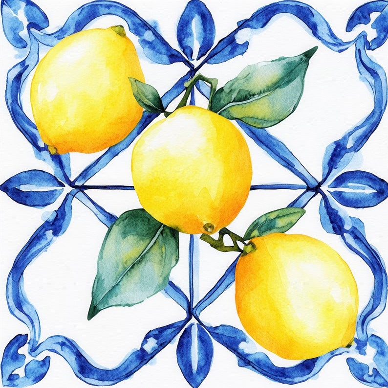 Lemon & Blue Azulejo Tile Digital Paper: Mediterranean Patterns ...