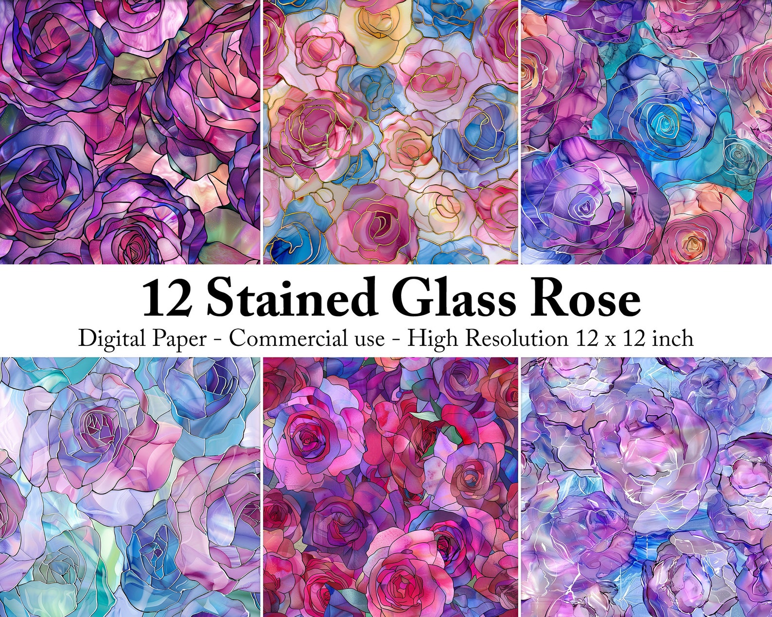 Stained Glass Rose Digital Paper: Floral Scrapbook Patterns (commercial ...