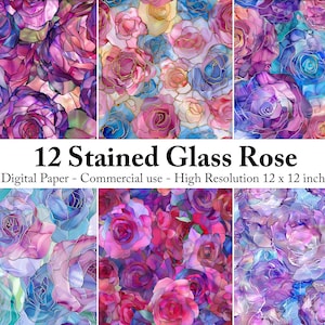 Stained Glass Rose Patterns Digital Paper Set - Floral Designs, Junk ...
