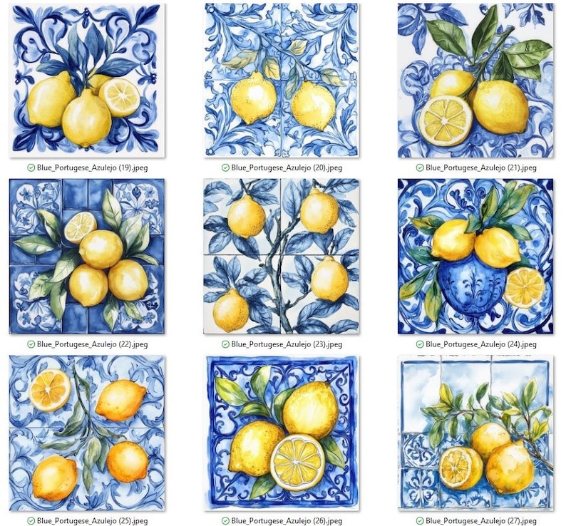 Lemon & Blue Azulejo Tile Digital Paper: Mediterranean Patterns ...