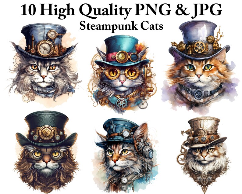 Watercolor Steampunk Cat Clipart Bundle: PNG & JPG (digital Download ...