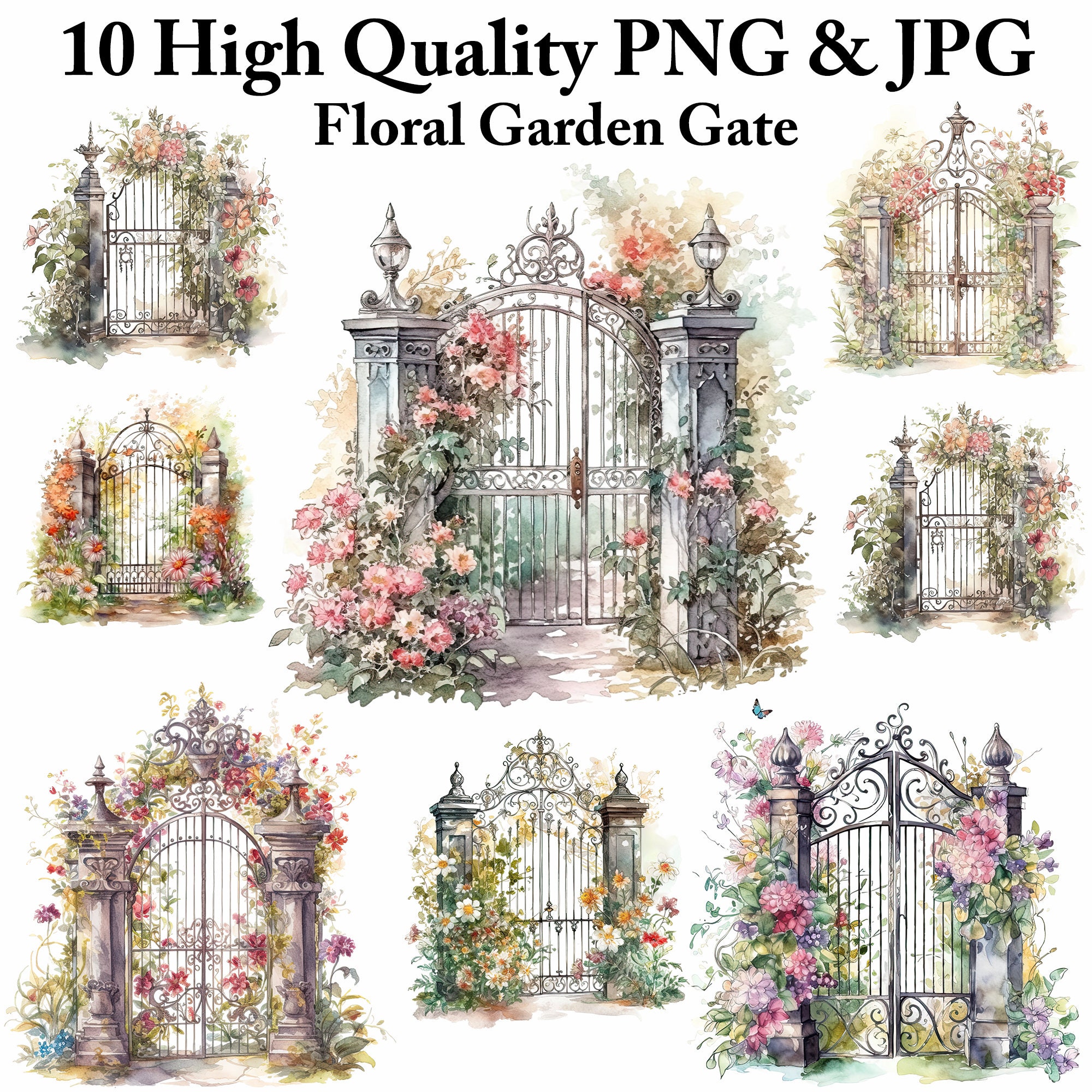 10 Vintage Flower Gate Watercolor Clipart Romantic Garden, Watercolor ...