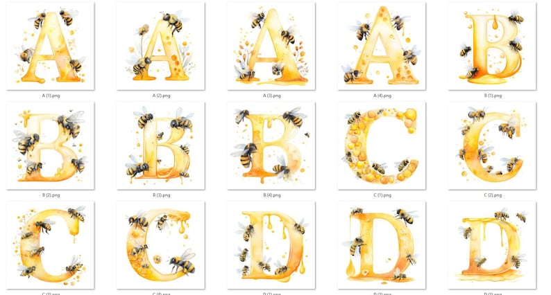 Honey Bee Alphabet Clipart: Watercolor Honeycomb Letters (PNG & JPG ...