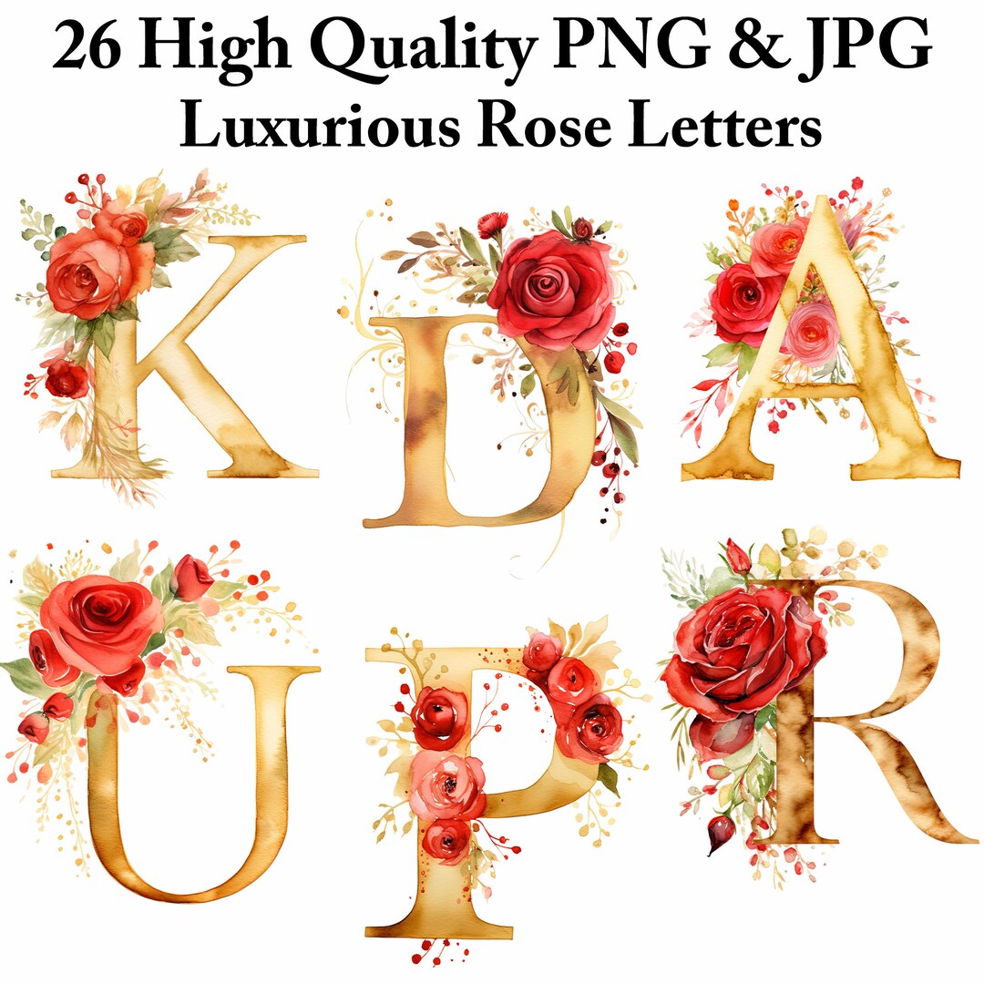 Watercolor Rose Alphabet Clipart: Floral Letters, Sublimation ...